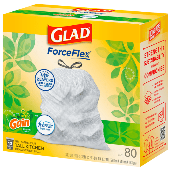 Glad Force Flex Kitchen Bags, Tall, Drawstring, Gain Original Scent, 13 ...