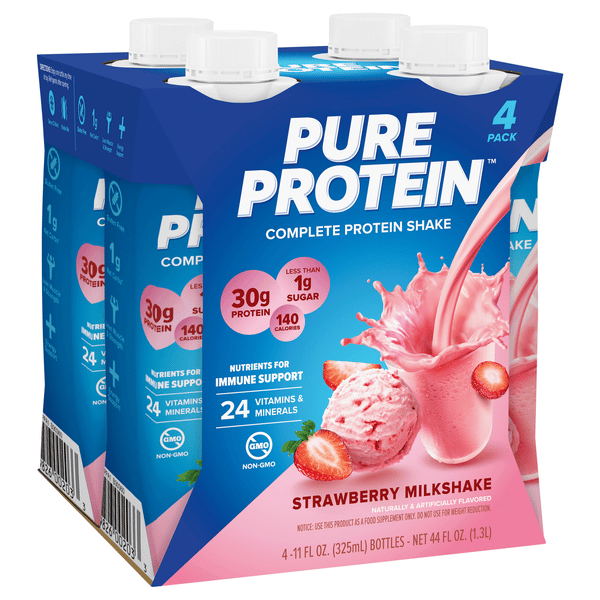 Pure Protein Protein Shake, Complete, Strawberry Milkshake, 4Pk | Hy ...