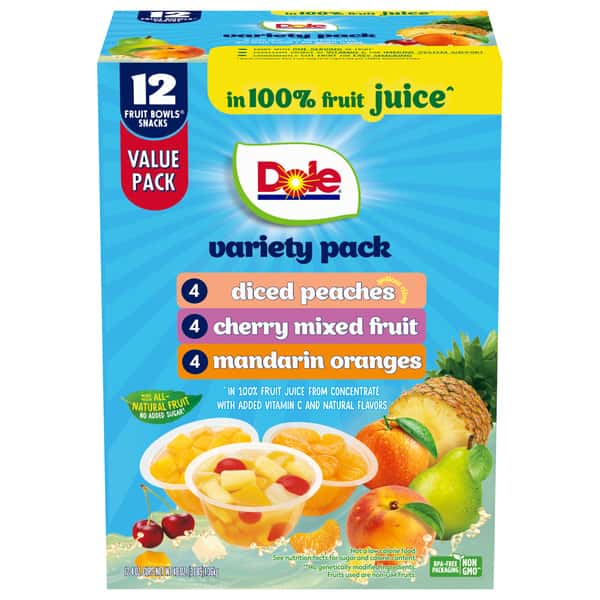 Dole Fruit Bowls Snack, In 100% Fruit Juice, Variety Pack, 12-4 oz Cups ...