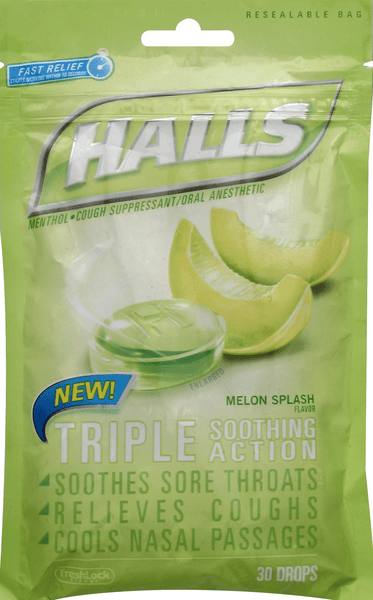 Halls Melon Splash Cough Suppressant/Oral Anesthetic Menthol Drops | Hy ...