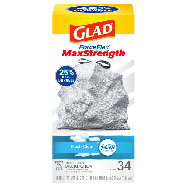 Glad ForceFlexPlus Tall Kitchen Drawstring Fresh Clean with Febreze ...