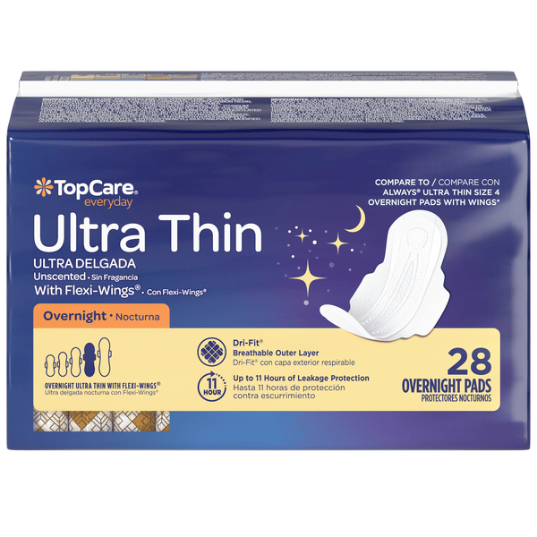 TopCare Ultra Thin Maxi Pads Overnight with Flexi-Wings | Hy-Vee Aisles ...