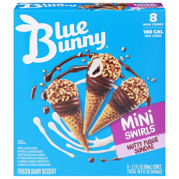 Blue Bunny Mini Swirls Nutty Fudge Sundae Cones Frozen Dessert, 8 Pack ...