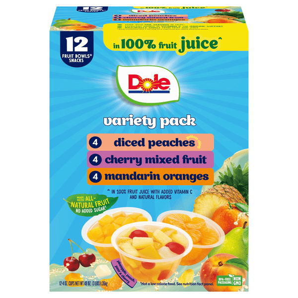 Dole Fruit Bowls Snack, In 100% Fruit Juice, Variety Pack, 12-4 oz Cups ...